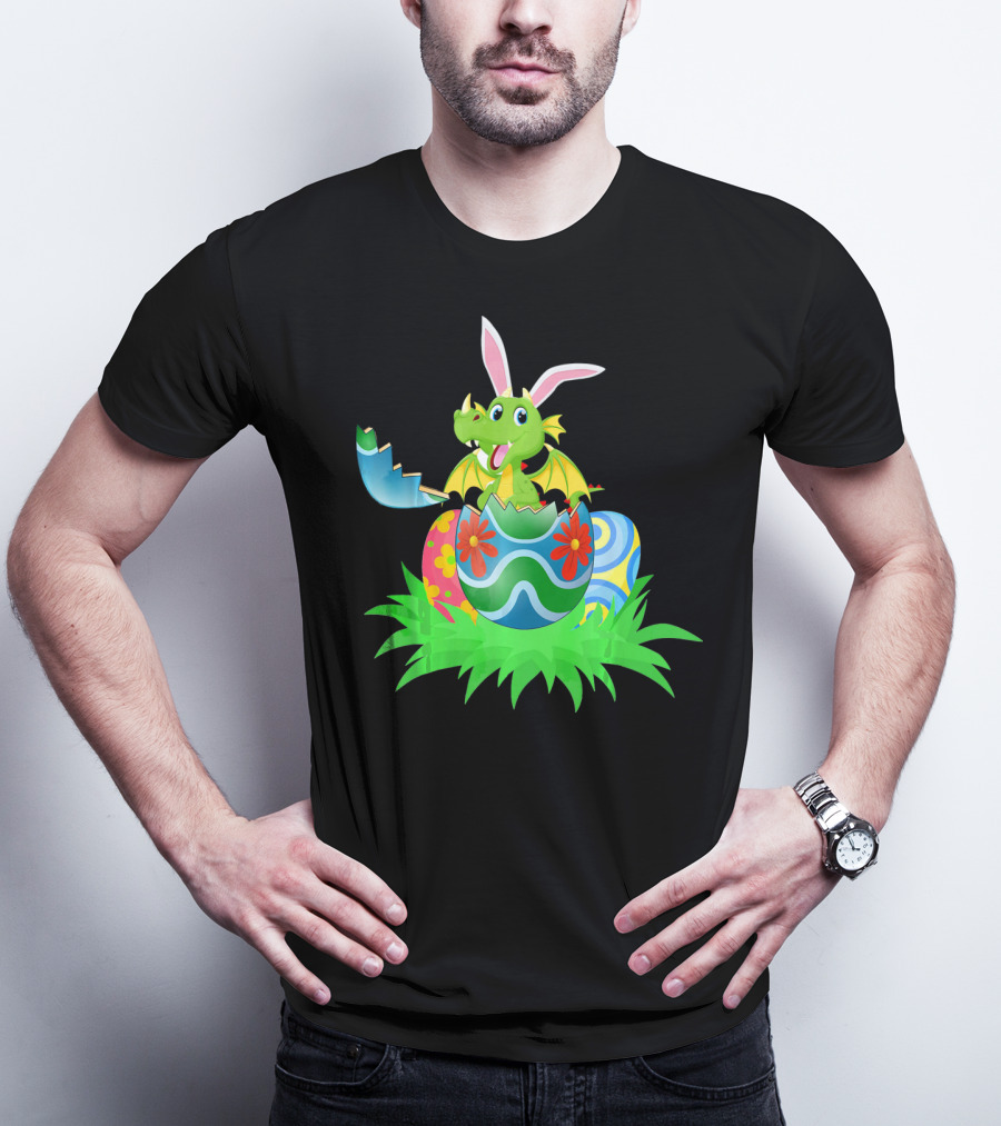 Easter Dragon Egg Hunt With Bunny Ears And Colorful Eggs In Grass T-Shirt