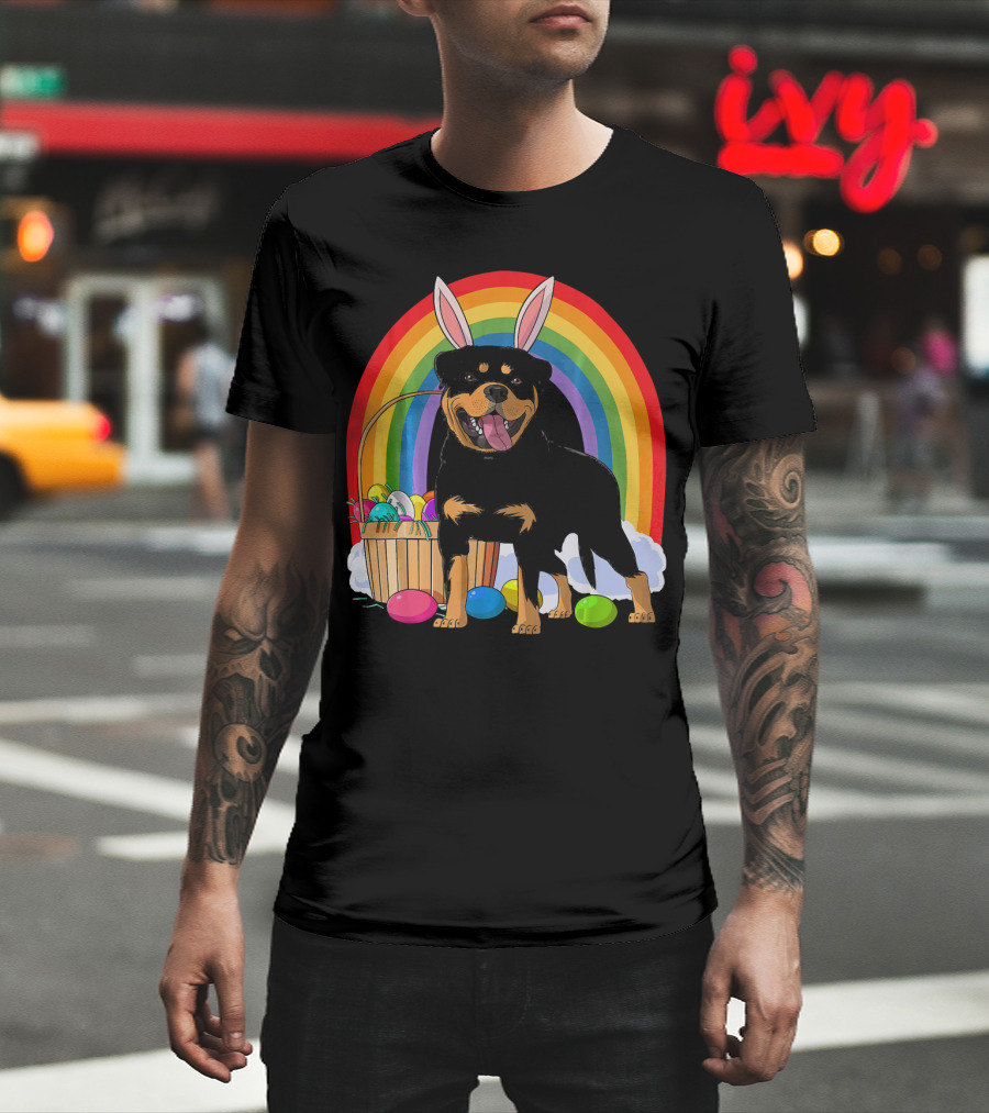 Rottweiler Bunny With Easter Eggs And Rainbow T-Shirt