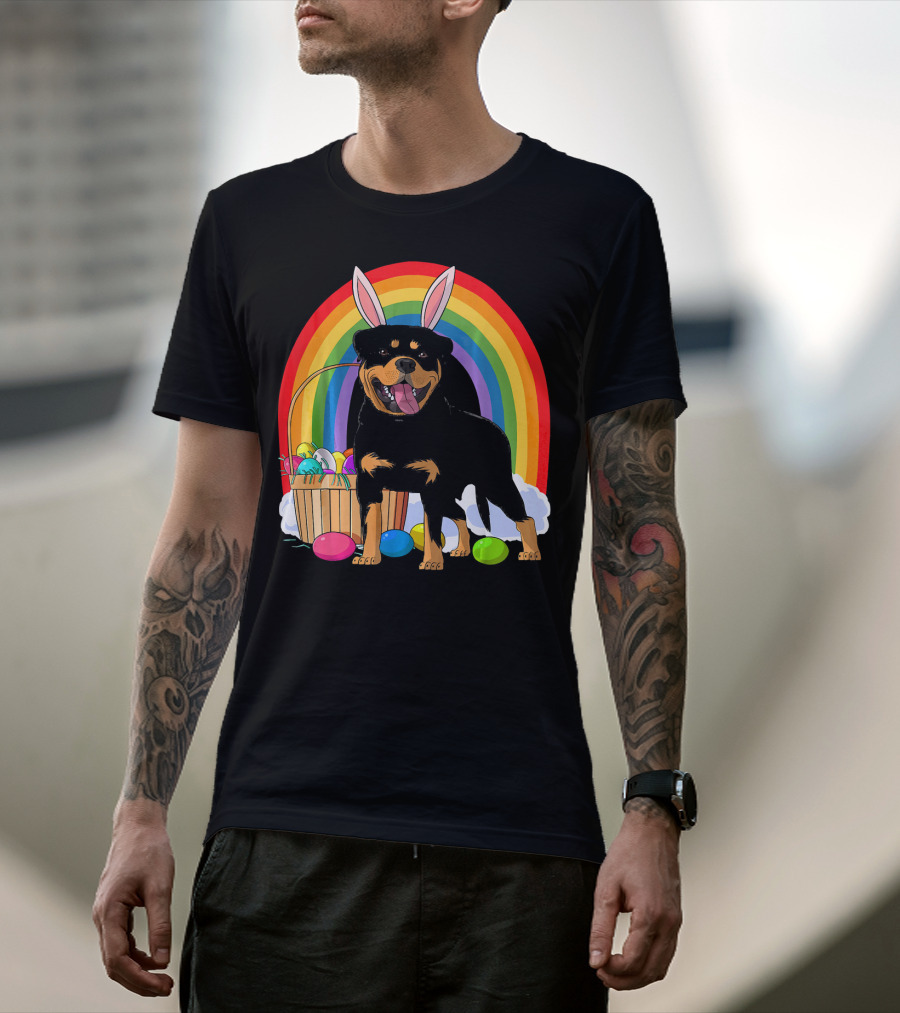 Rottweiler Bunny With Easter Eggs And Rainbow T-Shirt
