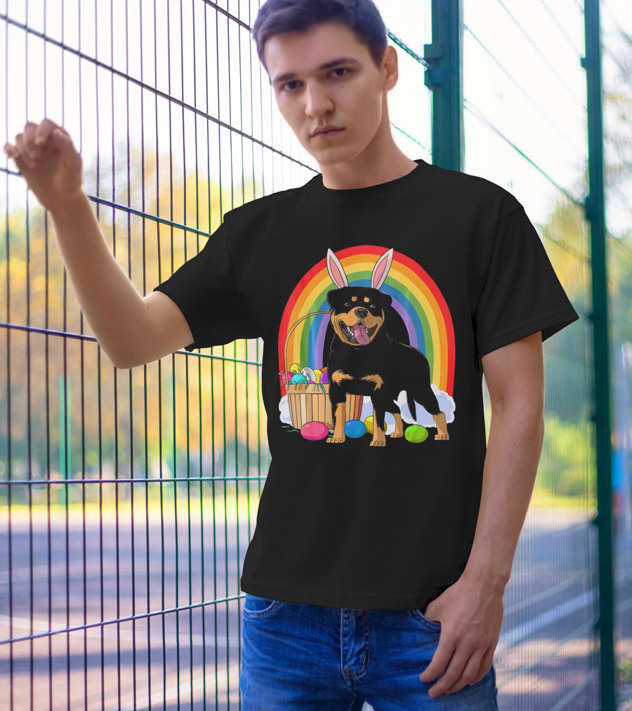 Rottweiler Bunny With Easter Eggs And Rainbow T-Shirt