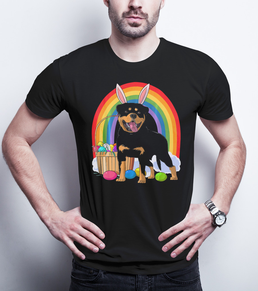 Rottweiler Bunny With Easter Eggs And Rainbow T-Shirt