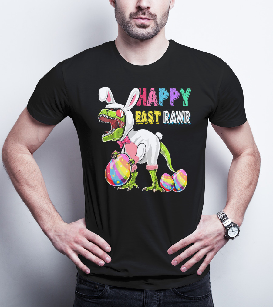 Happy Eastrawr Rex Dinosaur Easter Bunny Costume With Colorful Eggs T-Shirt