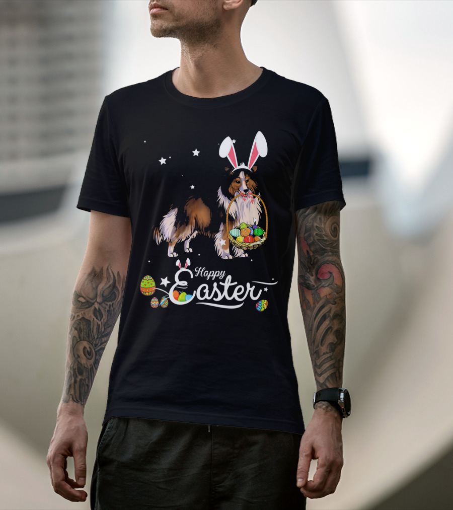 Shetland Sheepdog With Bunny Hat And Easter Eggs Happy Easter T-Shirt