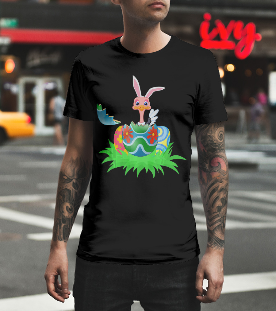 Easter Ostrich Hatching From Colorful Easter Egg With Bunny Ears And Flowers T-Shirt
