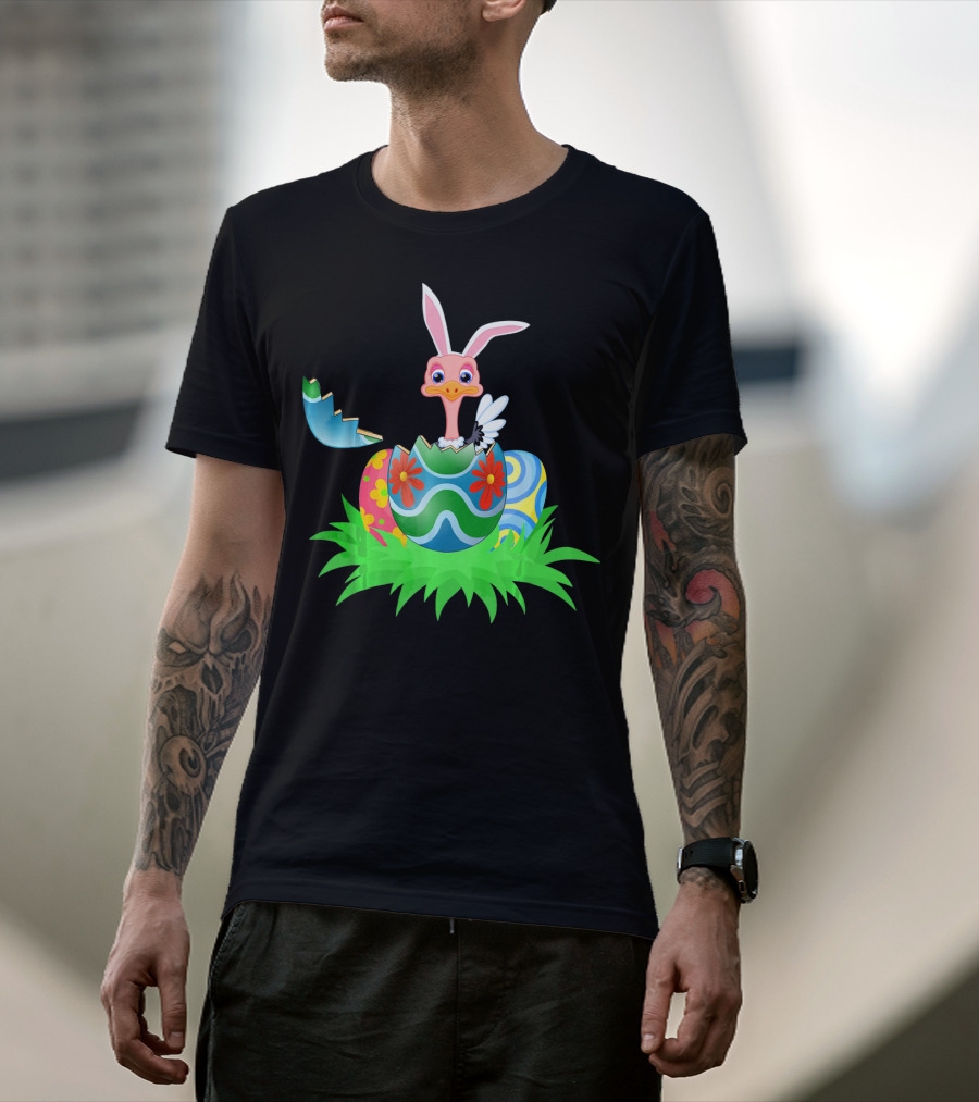 Easter Ostrich Hatching From Colorful Easter Egg With Bunny Ears And Flowers T-Shirt