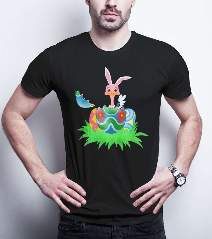 Easter Ostrich Hatching From Colorful Easter Egg With Bunny Ears And Flowers T-Shirt