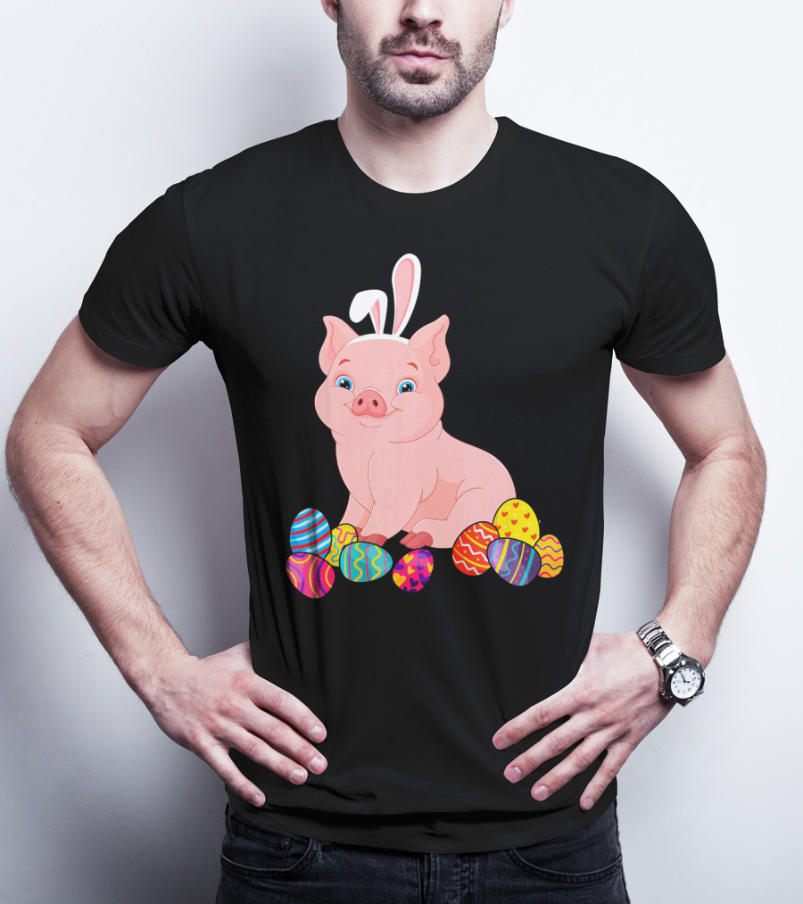 Pig With Bunny Ears Surrounded By Colorful Easter Eggs Easter Day T-Shirt