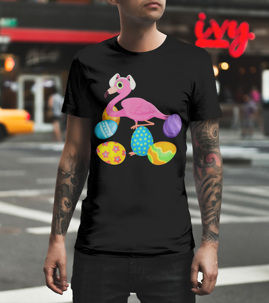 Flamingo Bunny Rabbit Hat With Colorful Easter Eggs Playing Easter T-Shirt