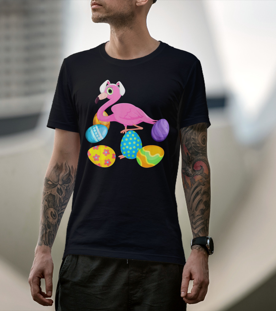 Flamingo Bunny Rabbit Hat With Colorful Easter Eggs Playing Easter T-Shirt