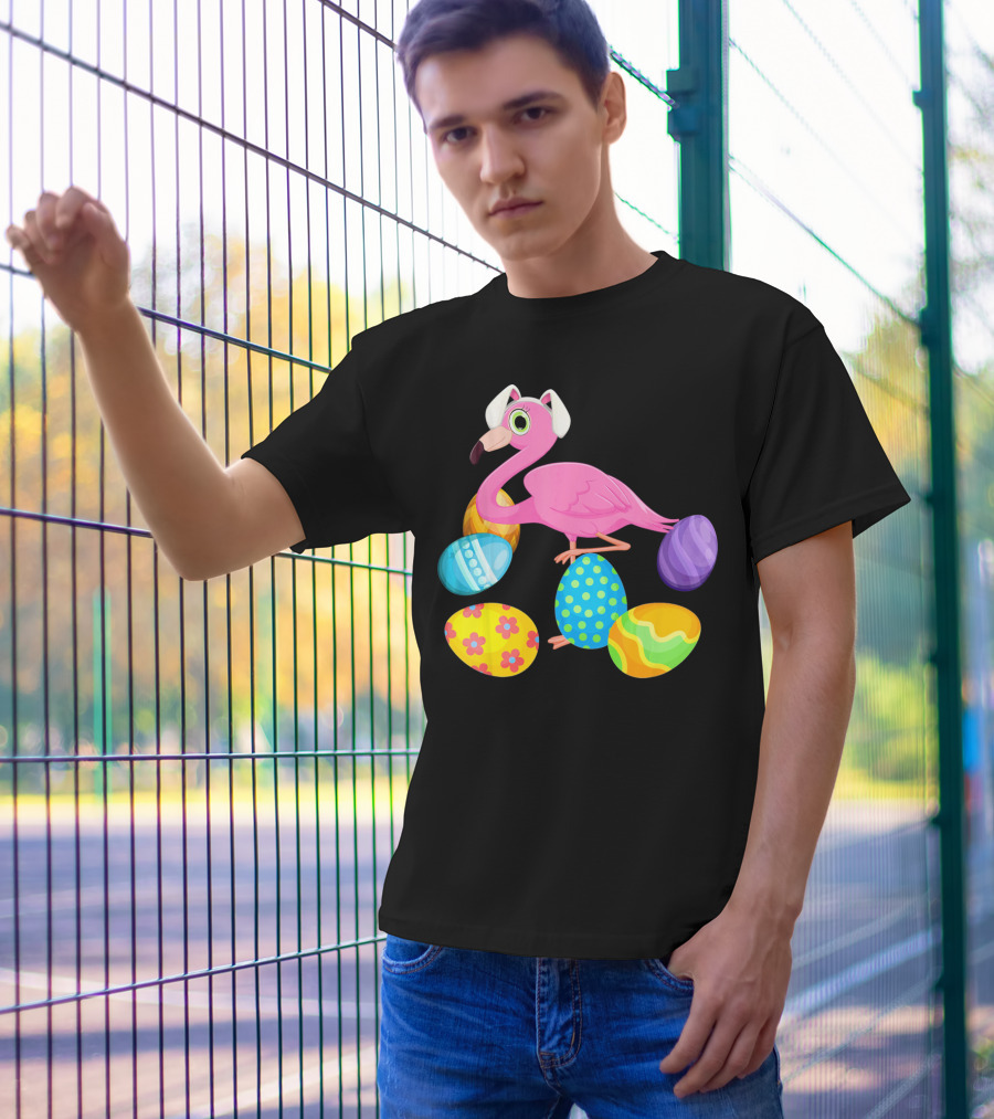 Flamingo Bunny Rabbit Hat With Colorful Easter Eggs Playing Easter T-Shirt