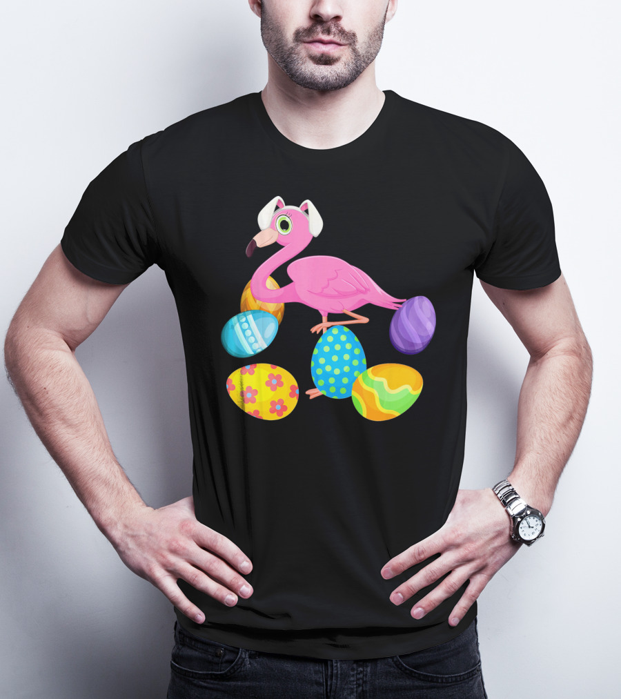 Flamingo Bunny Rabbit Hat With Colorful Easter Eggs Playing Easter T-Shirt
