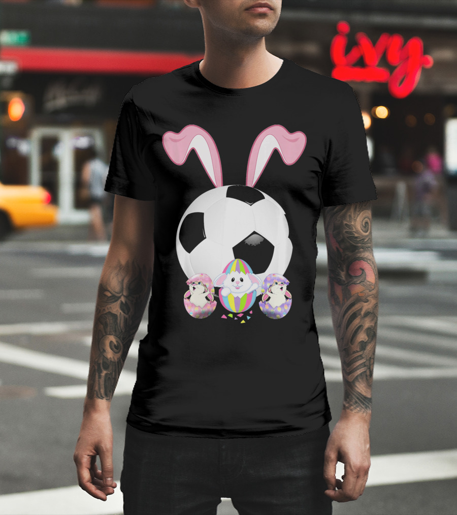 Soccer Easter Bunny Egg With Pink Ears And Colorful Easter Eggs T-Shirt