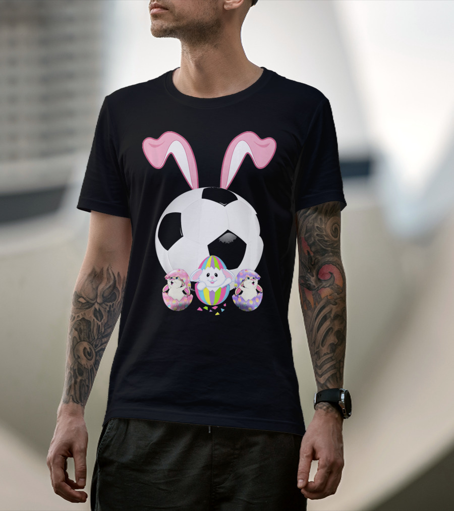 Soccer Easter Bunny Egg With Pink Ears And Colorful Easter Eggs T-Shirt