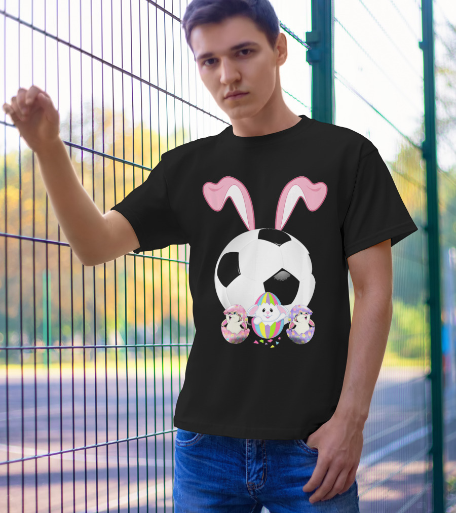 Soccer Easter Bunny Egg With Pink Ears And Colorful Easter Eggs T-Shirt