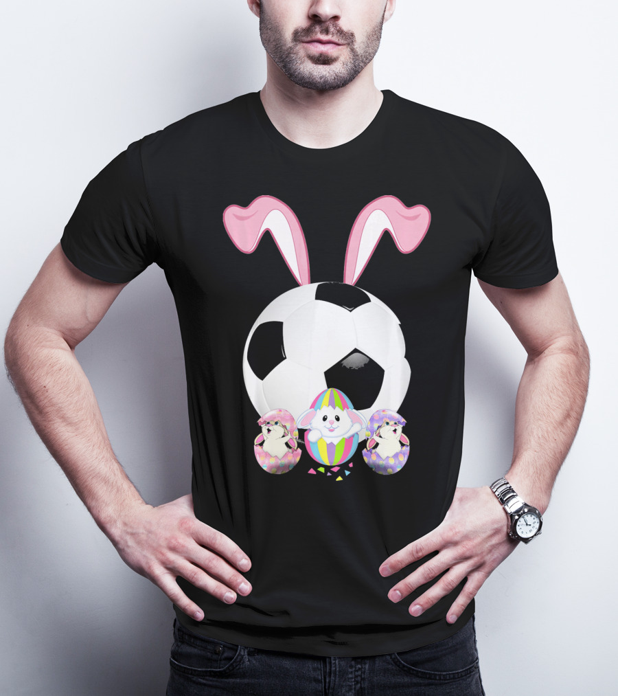 Soccer Easter Bunny Egg With Pink Ears And Colorful Easter Eggs T-Shirt