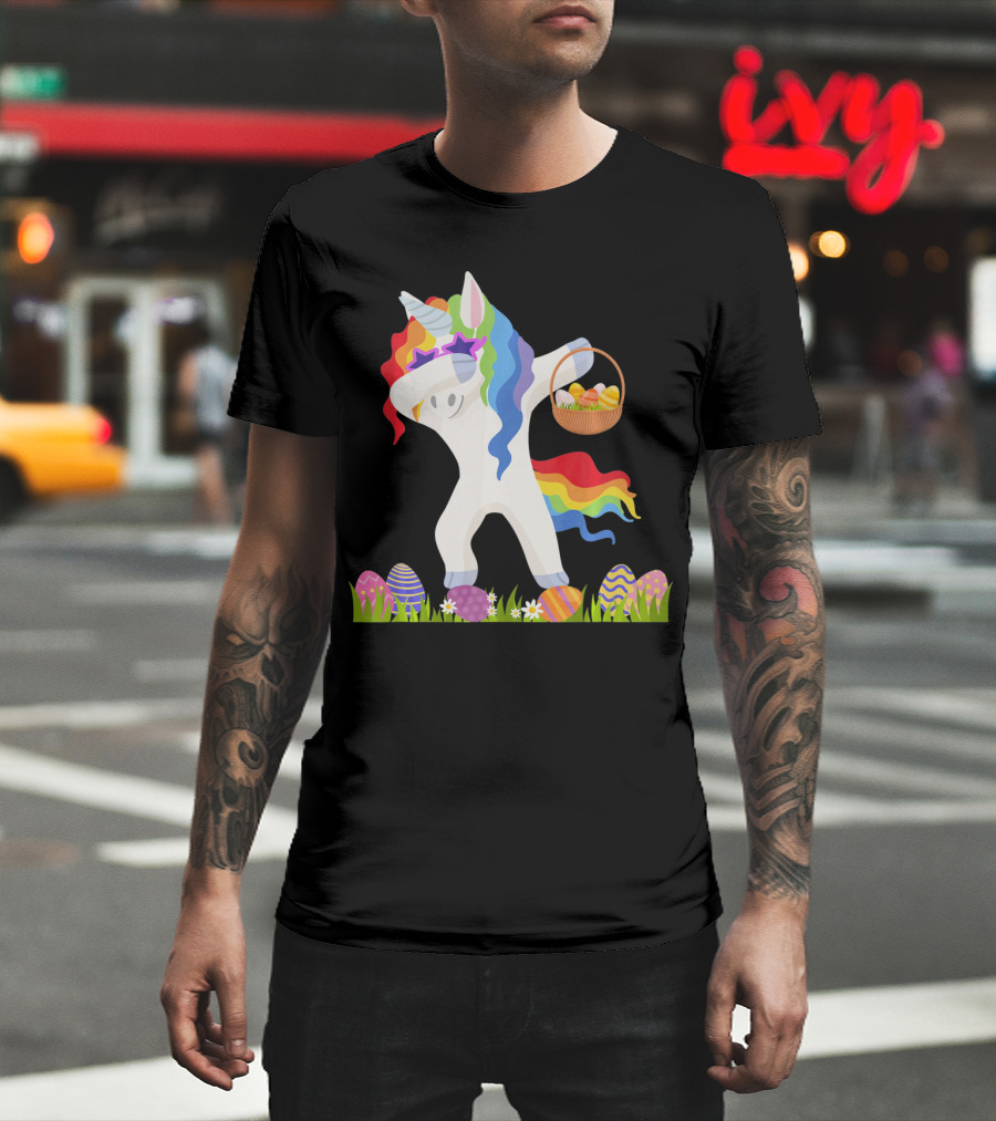 Funny Unicorn Dabbing With Easter Basket And Eggs Happy Easter Day T-Shirt