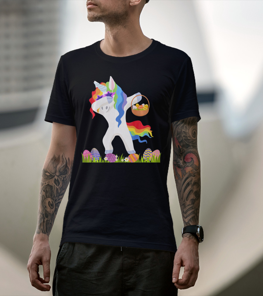Funny Unicorn Dabbing With Easter Basket And Eggs Happy Easter Day T-Shirt
