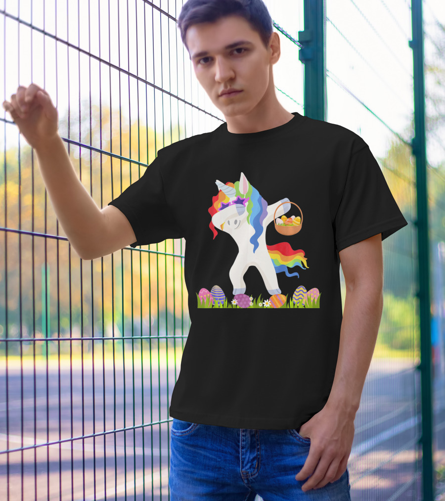 Funny Unicorn Dabbing With Easter Basket And Eggs Happy Easter Day T-Shirt