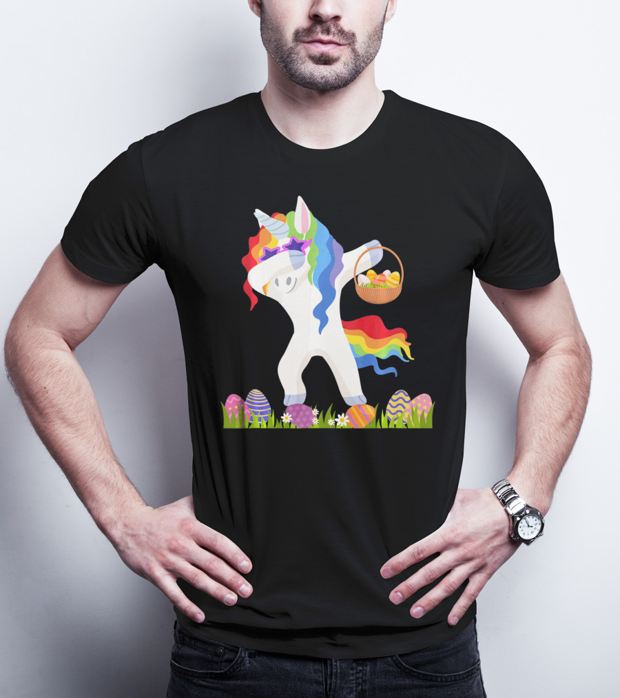 Funny Unicorn Dabbing With Easter Basket And Eggs Happy Easter Day T-Shirt