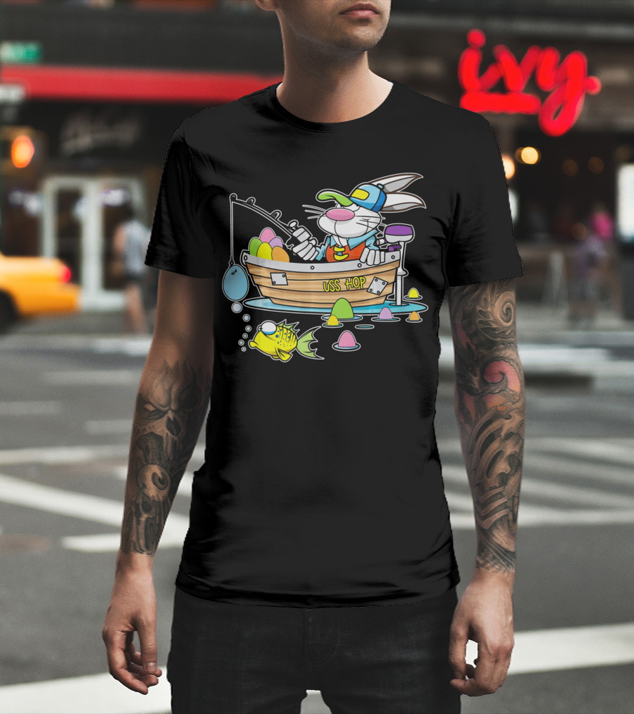 Fun Easter Bunny Fishing USS Hop With Eggs And Colorful Fish T-Shirt