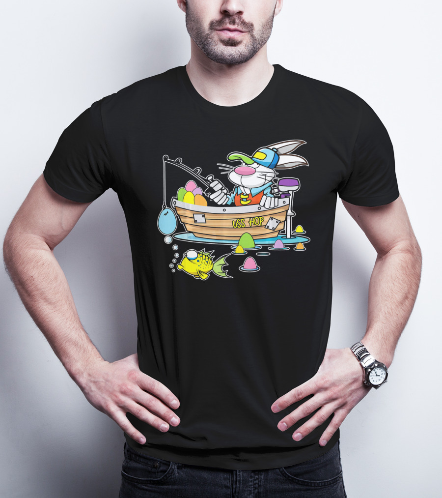 Fun Easter Bunny Fishing USS Hop With Eggs And Colorful Fish T-Shirt