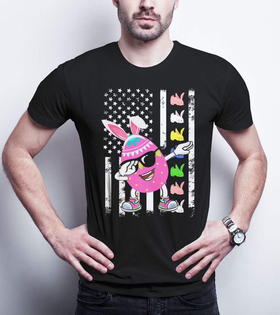 Dabbing Easter Egg Rabbit With American Flag And Bunny Icons T-Shirt