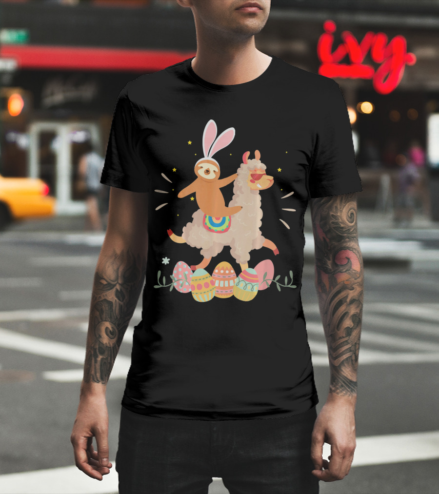Cute Bunny Sloth Riding Llama Easter Eggs T-Shirt