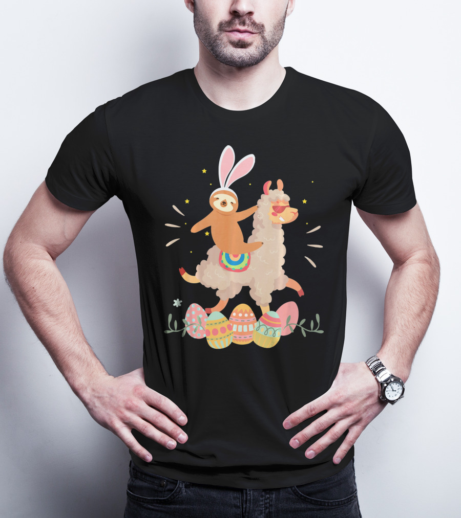 Cute Bunny Sloth Riding Llama Easter Eggs T-Shirt