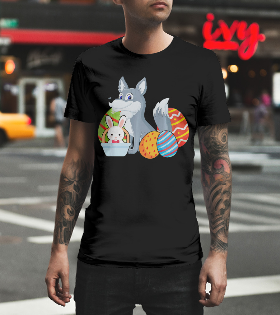 Easter Wolf Happy Bunny With Colorful Eggs T-Shirt