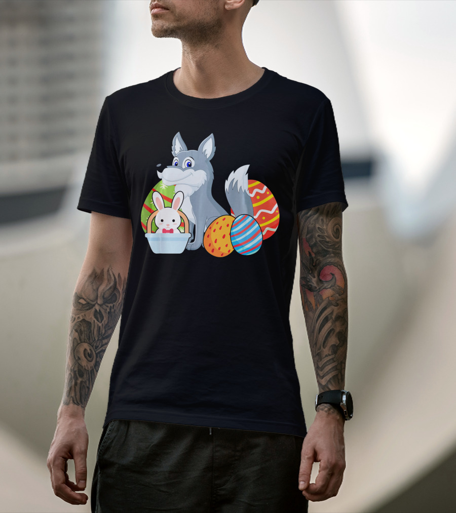Easter Wolf Happy Bunny With Colorful Eggs T-Shirt