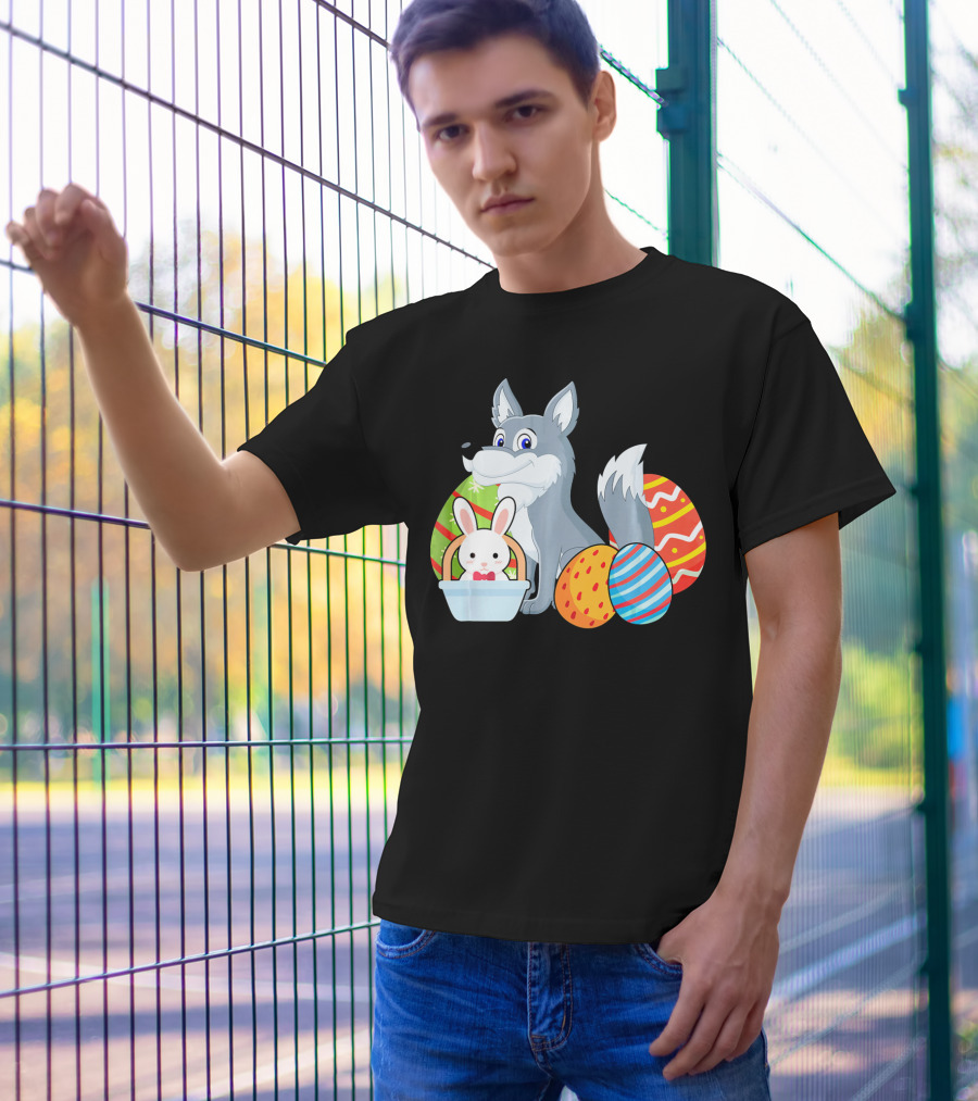 Easter Wolf Happy Bunny With Colorful Eggs T-Shirt