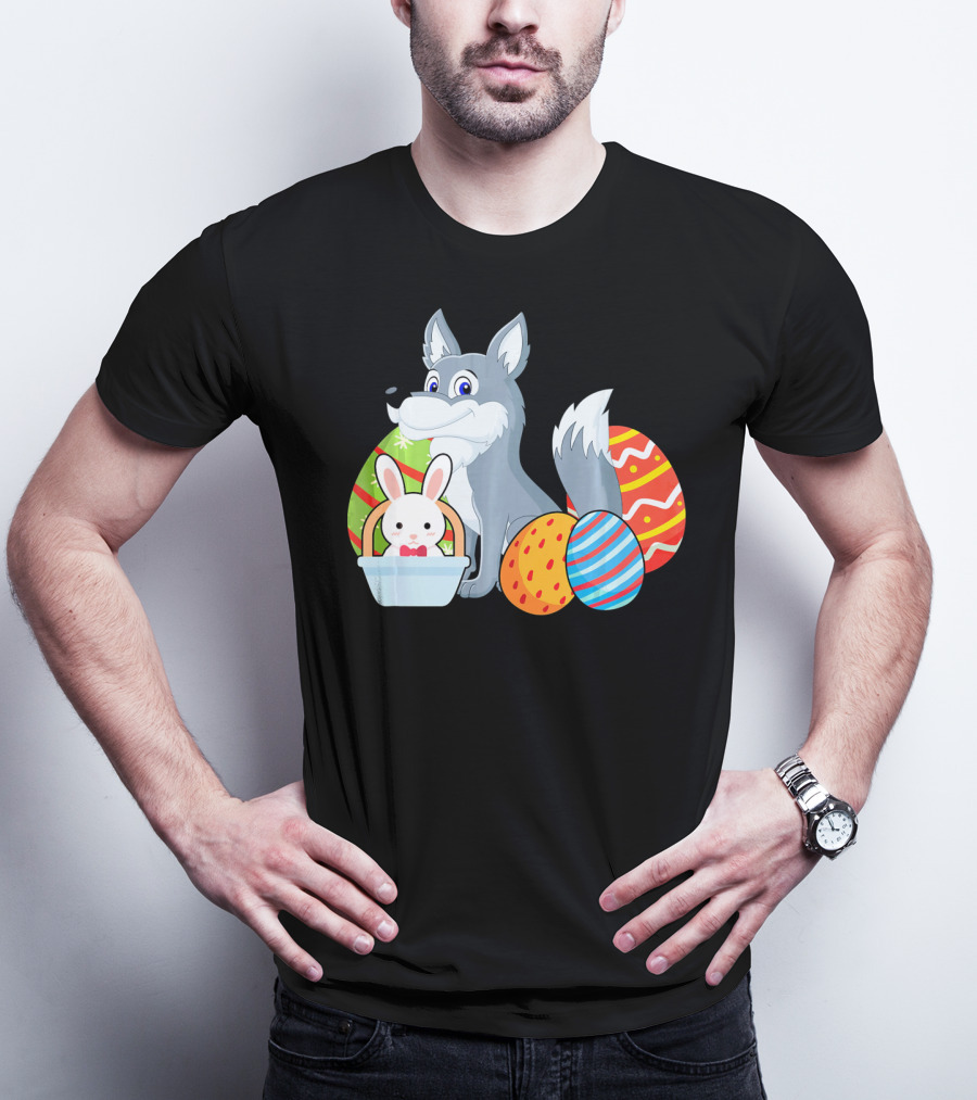 Easter Wolf Happy Bunny With Colorful Eggs T-Shirt