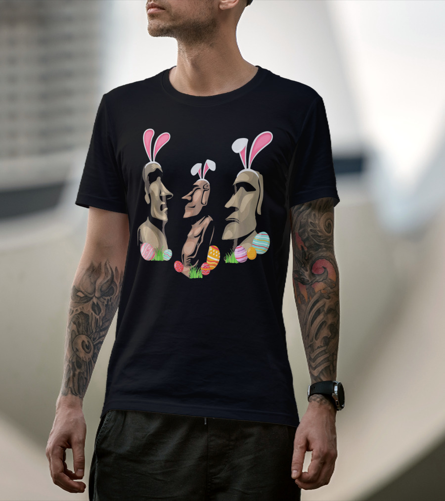 Funny Easter Island Statues Wearing Bunny Ears Surrounded By Colorful Easter Eggs T-Shirt