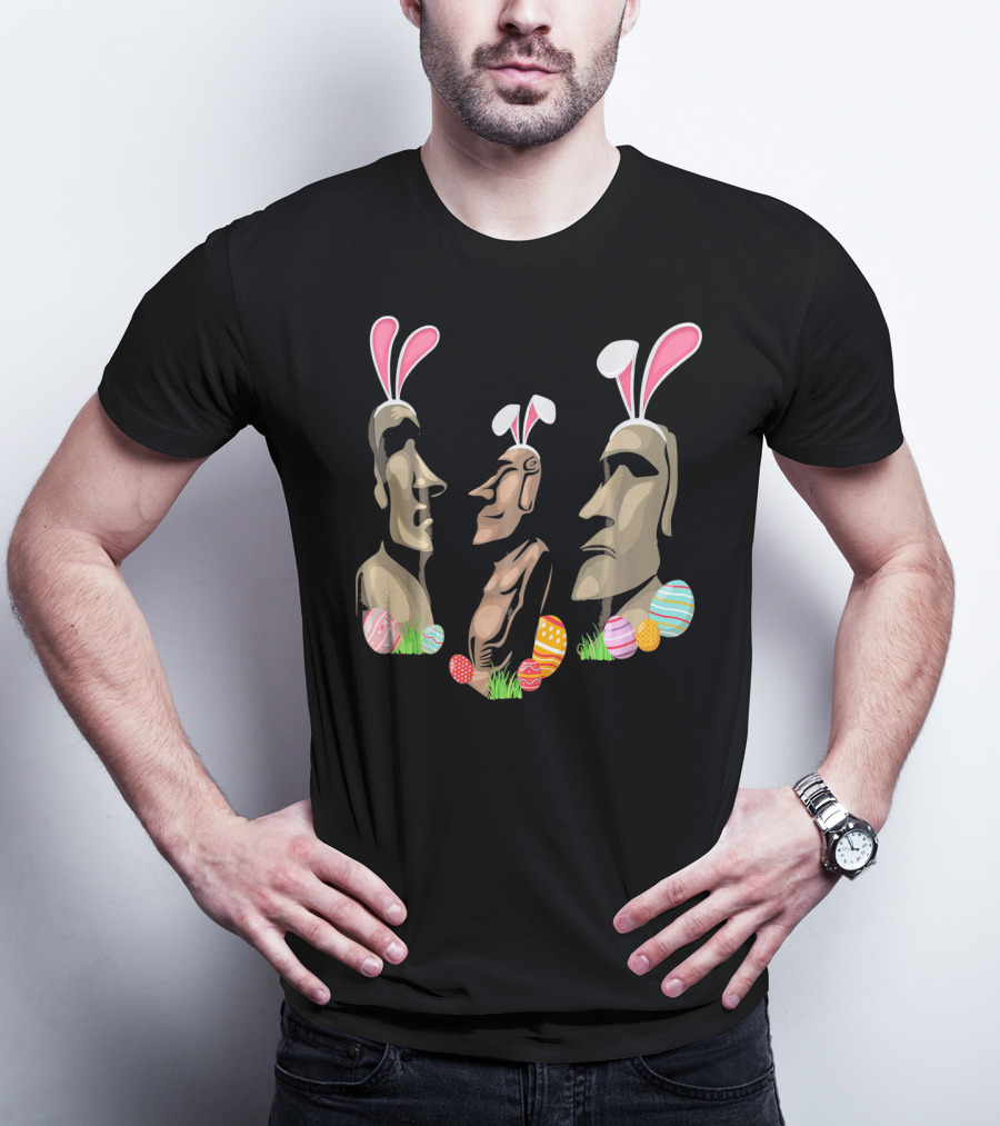 Funny Easter Island Statues Wearing Bunny Ears Surrounded By Colorful Easter Eggs T-Shirt
