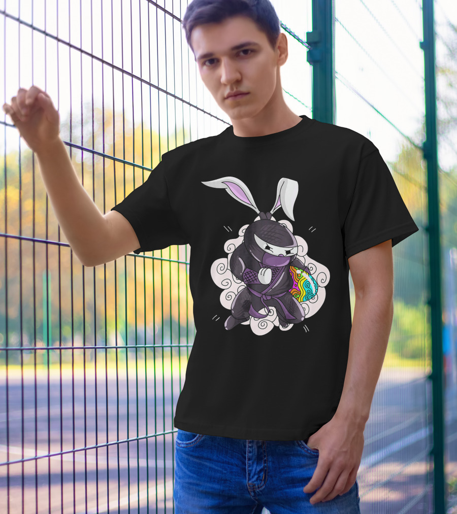 Easter Bunny Ninja Holding Colorful Egg In Cute Little Egg Hunt Scene T-Shirt