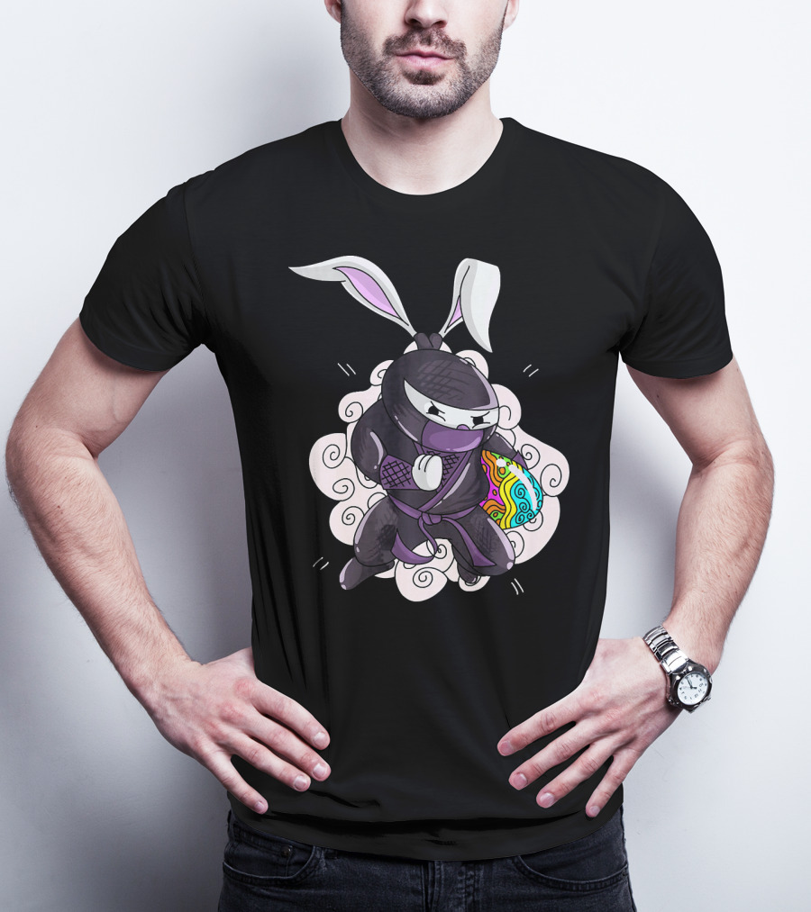 Easter Bunny Ninja Holding Colorful Egg In Cute Little Egg Hunt Scene T-Shirt