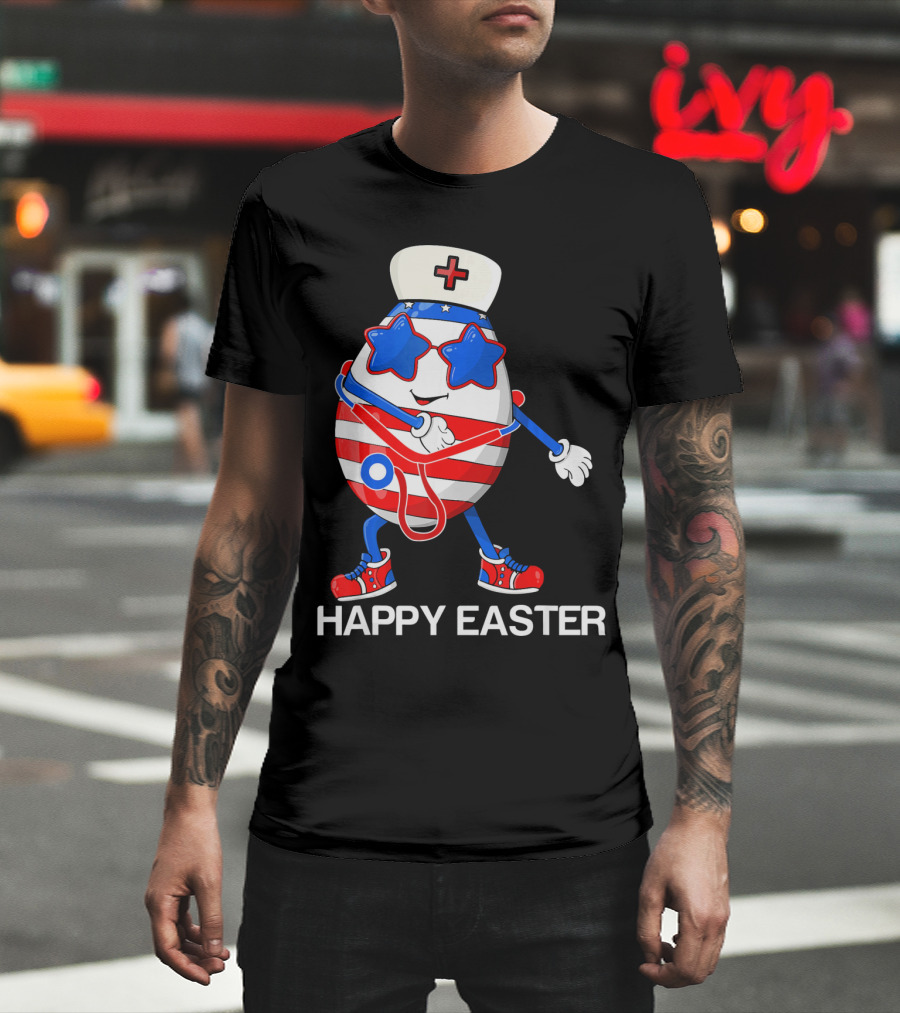 Happy Easter Flossing Egg With Stethoscope Nurse Hat And Stars T-Shirt