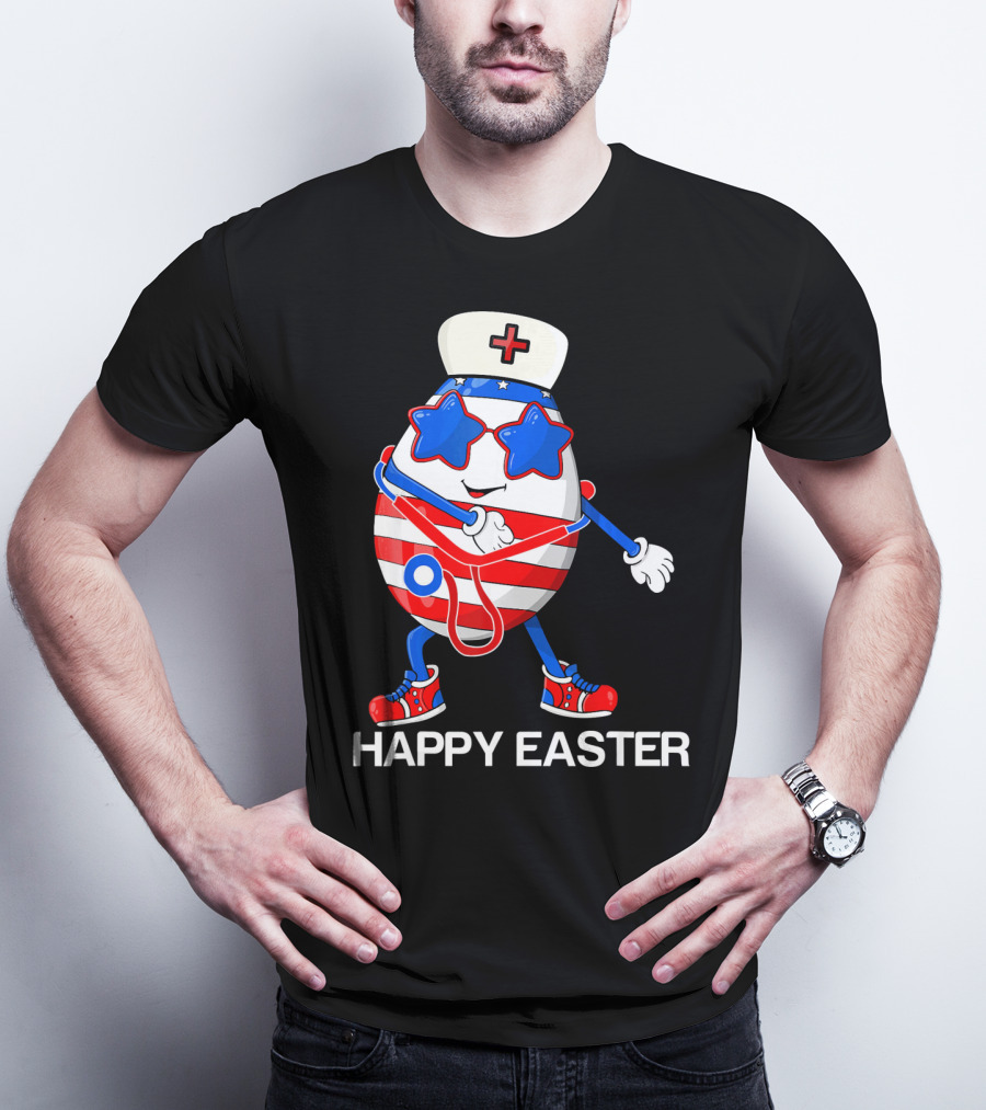 Happy Easter Flossing Egg With Stethoscope Nurse Hat And Stars T-Shirt