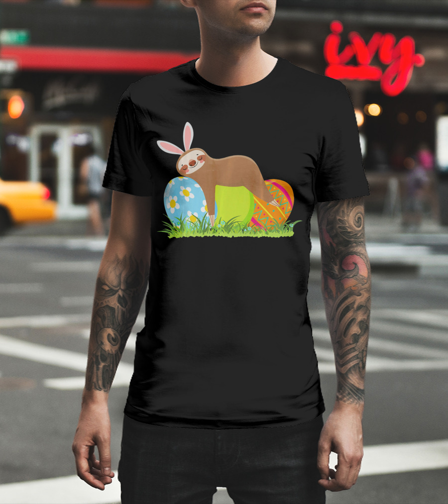 Funny Sloth Easter Day Bunny Ear Egg Decorated T-Shirt