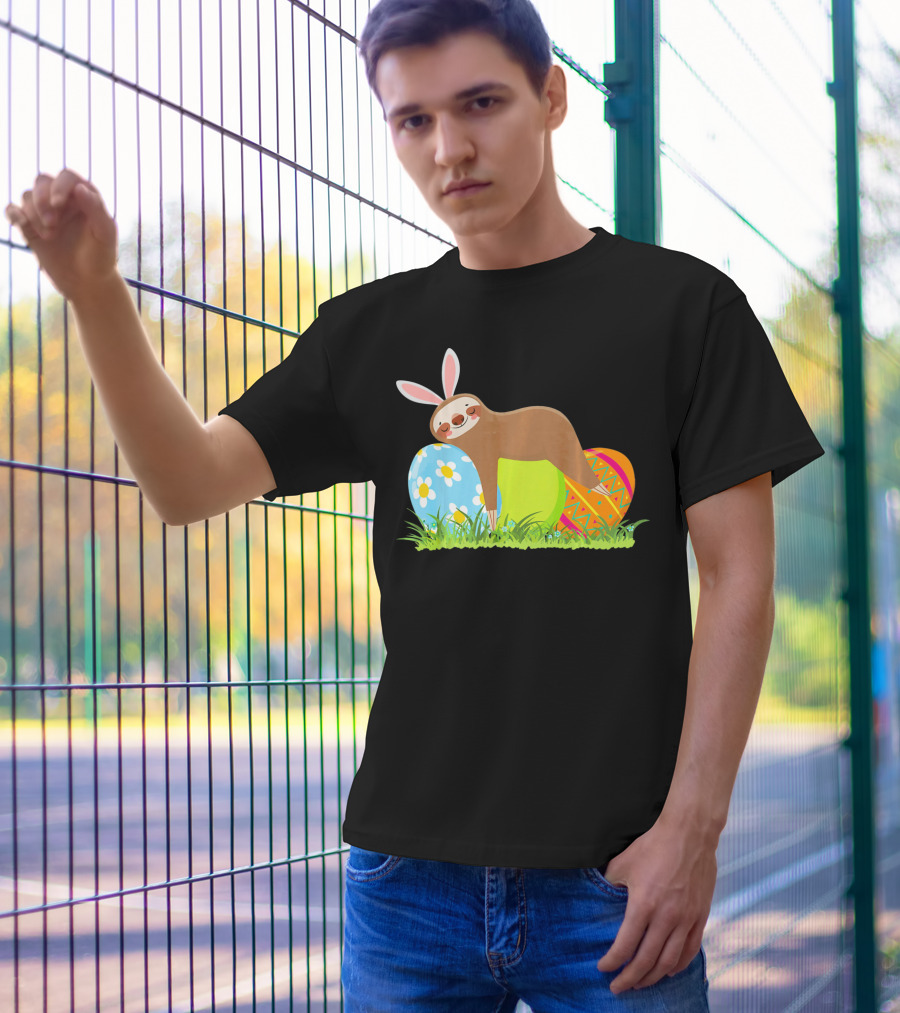 Funny Sloth Easter Day Bunny Ear Egg Decorated T-Shirt