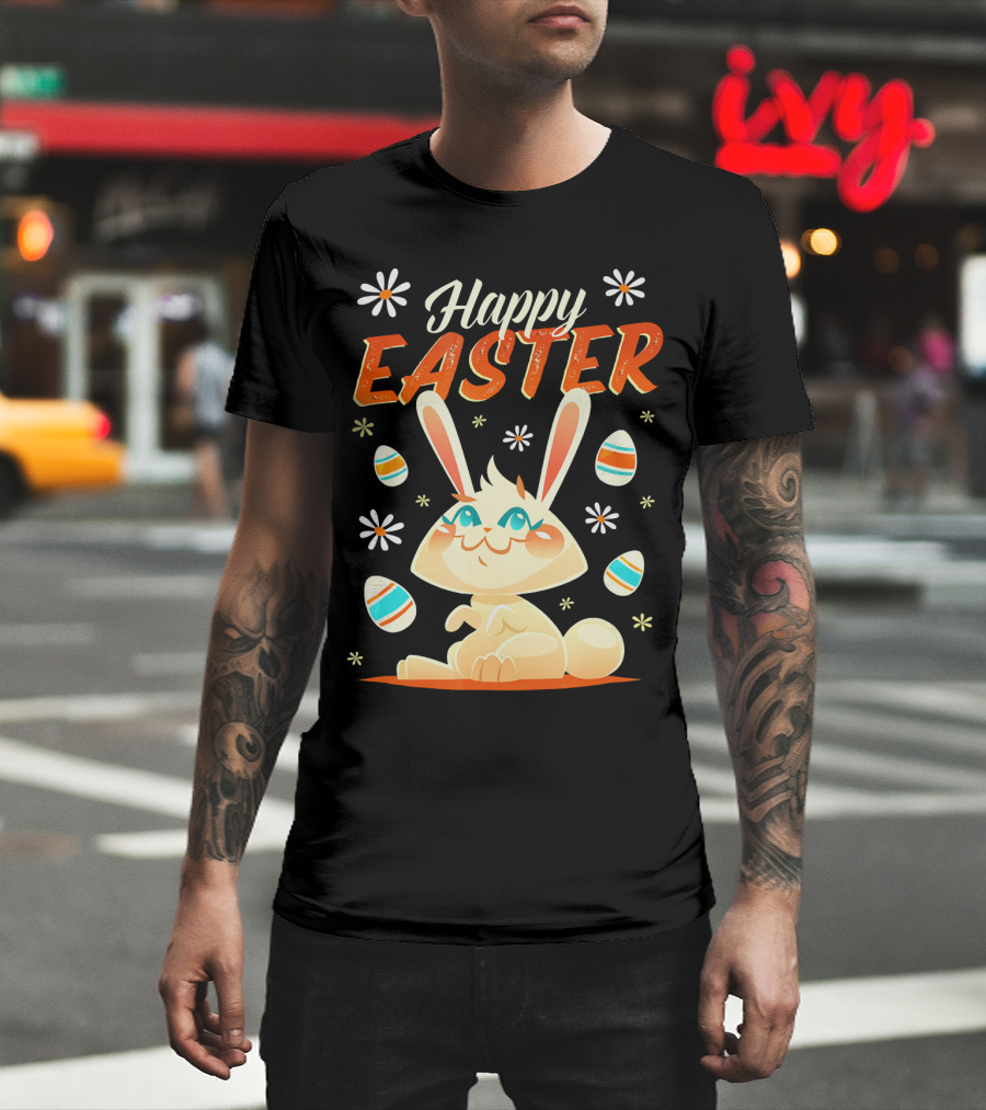 Happy Easter Bunny Surrounded By Colorful Eggs And Daisies T-Shirt