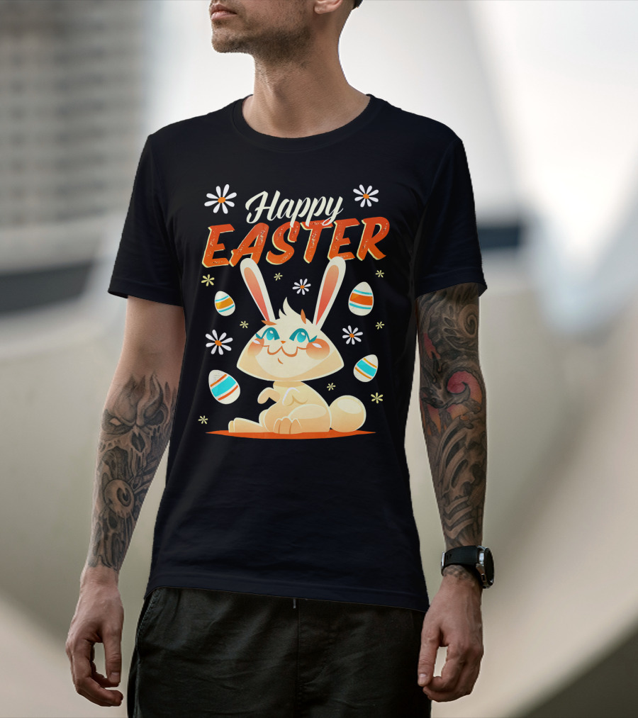 Happy Easter Bunny Surrounded By Colorful Eggs And Daisies T-Shirt