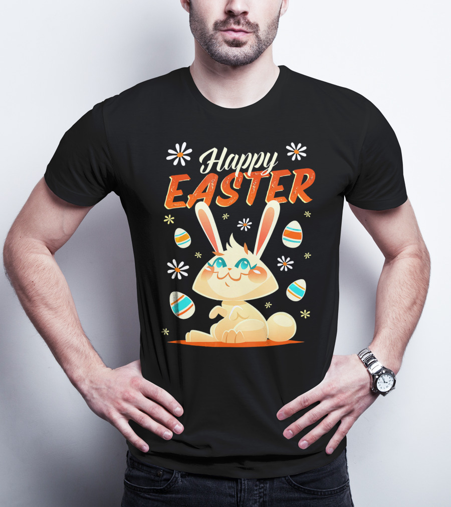 Happy Easter Bunny Surrounded By Colorful Eggs And Daisies T-Shirt