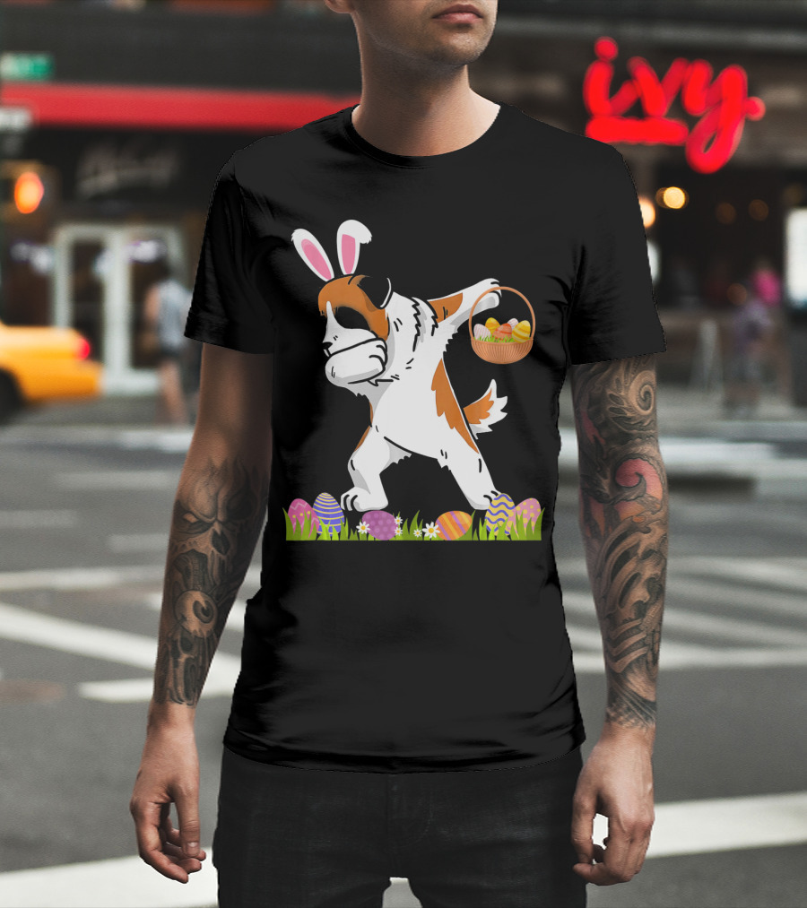 Funny Saint Bernard Dog Dabbing With Easter Bunny Ears And Basket Of Eggs T-Shirt