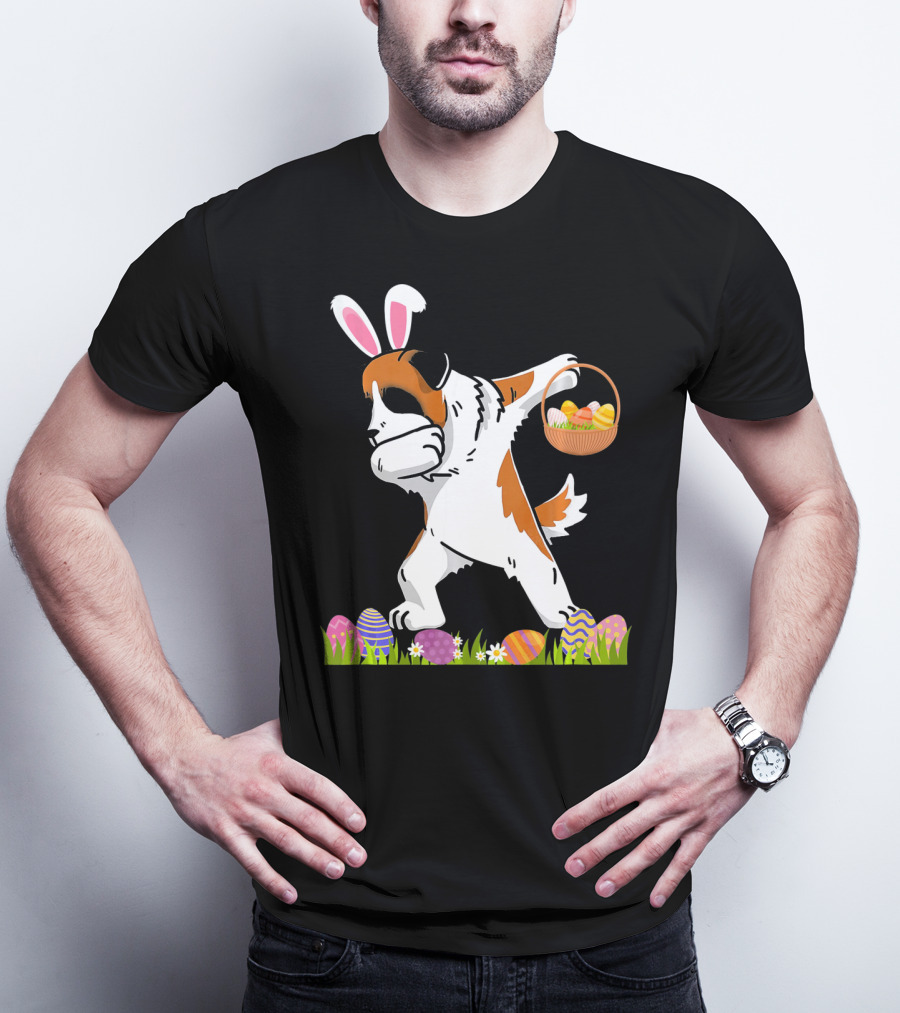 Funny Saint Bernard Dog Dabbing With Easter Bunny Ears And Basket Of Eggs T-Shirt