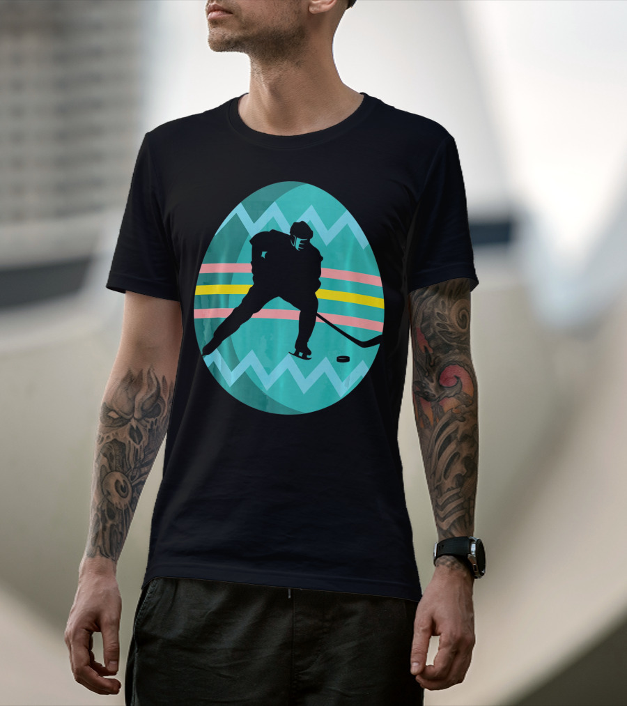 Easter Egg Hockey Silhouette Athlete Zigzag Stripes T-Shirt