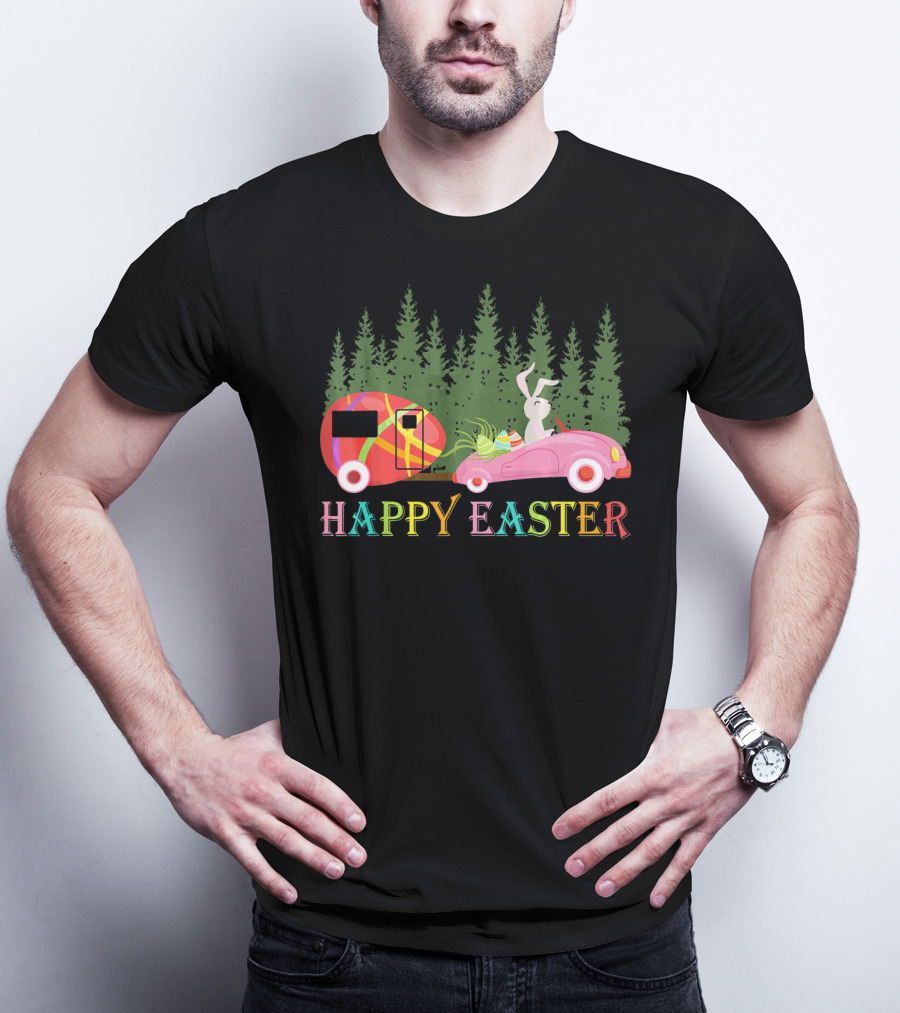 Happy Easter Day Bunny With Egg Camper And Car In Forest T-Shirt