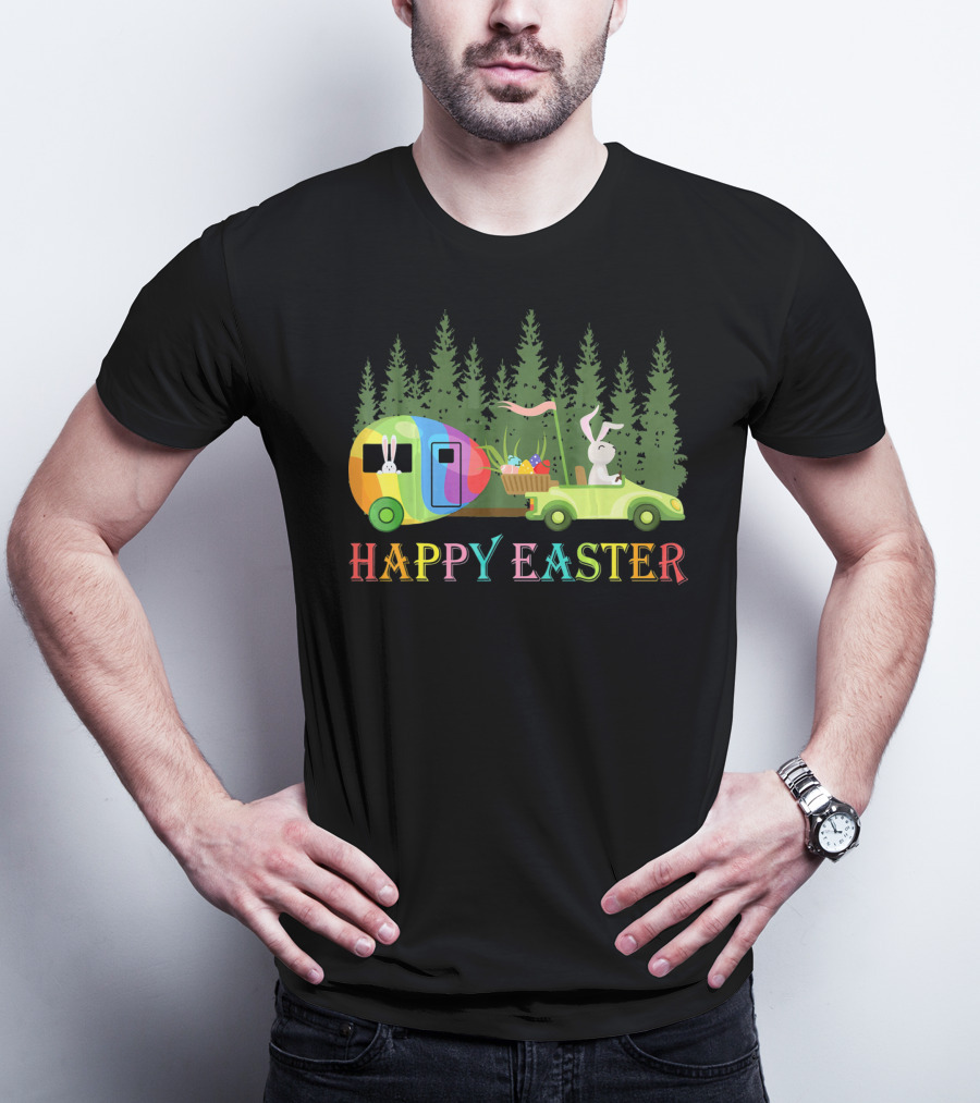 Happy Easter Bunny Driving Colorful Camper With Eggs In Forest T-Shirt