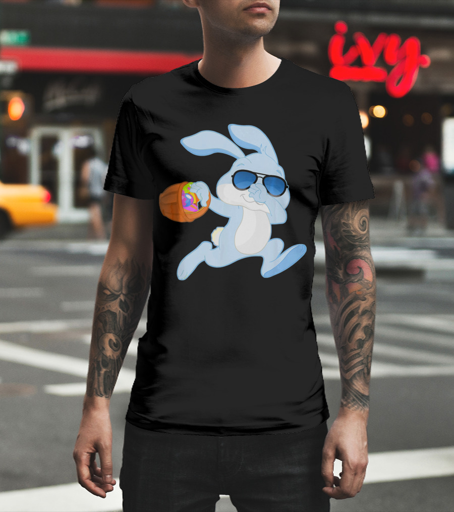 Easter Rabbit Sunglasses Holding Egg Basket T-Shirt