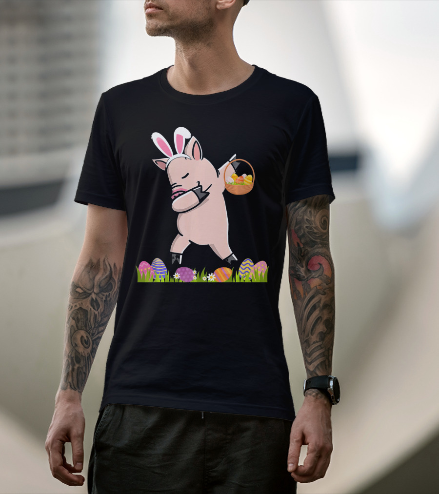 Dabbing Mini Pig With Easter Basket And Colorful Eggs Happy Easter Day T-Shirt